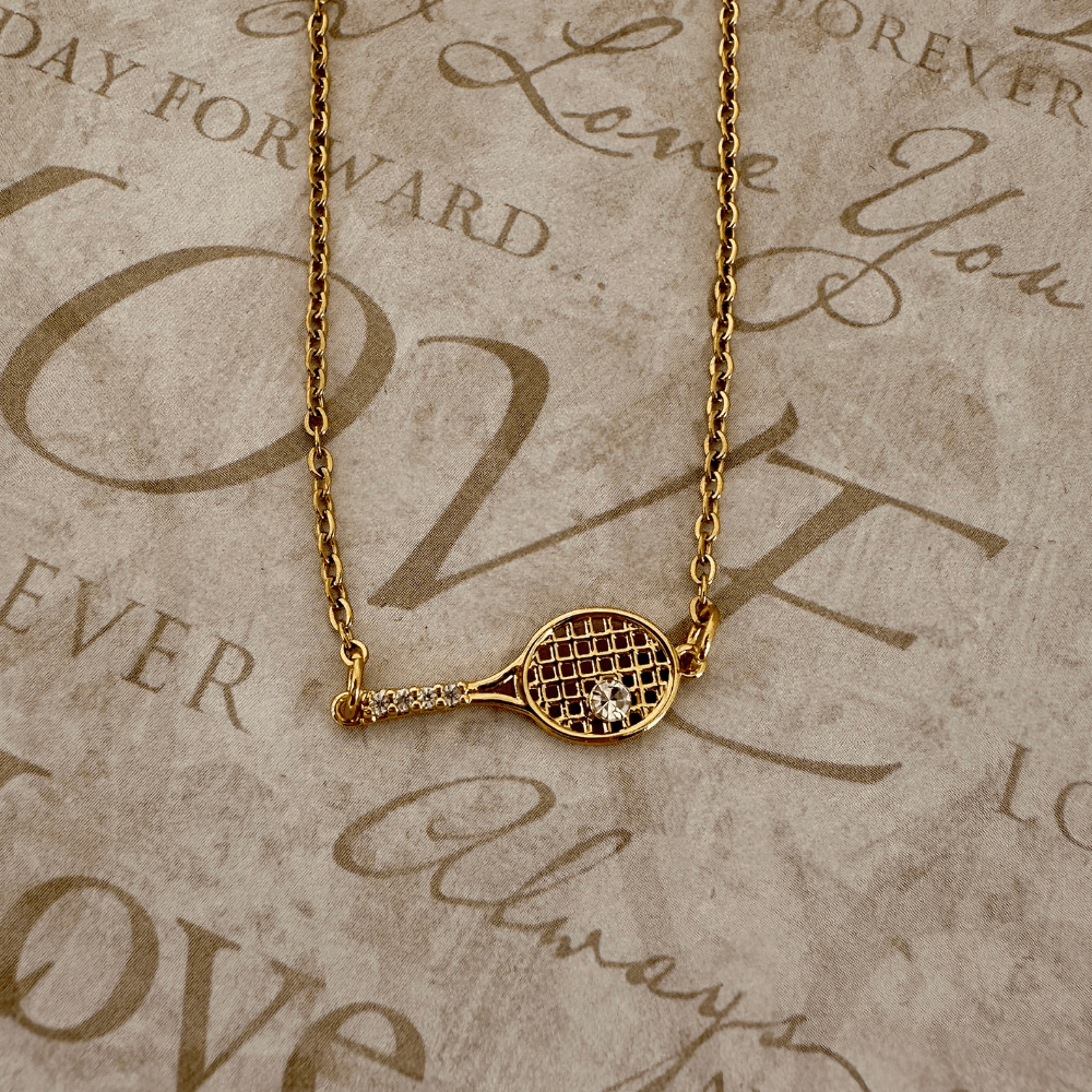 "Tennis Racket Rhinestone Necklace - Gold | Born to Rally
