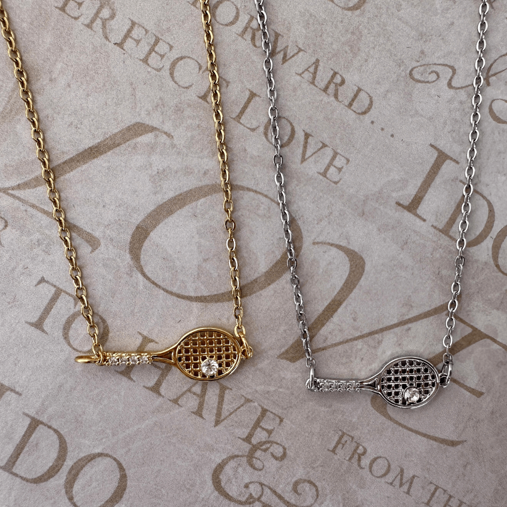 "Tennis Racket Rhinestone Necklace - Gold | Born to Rally