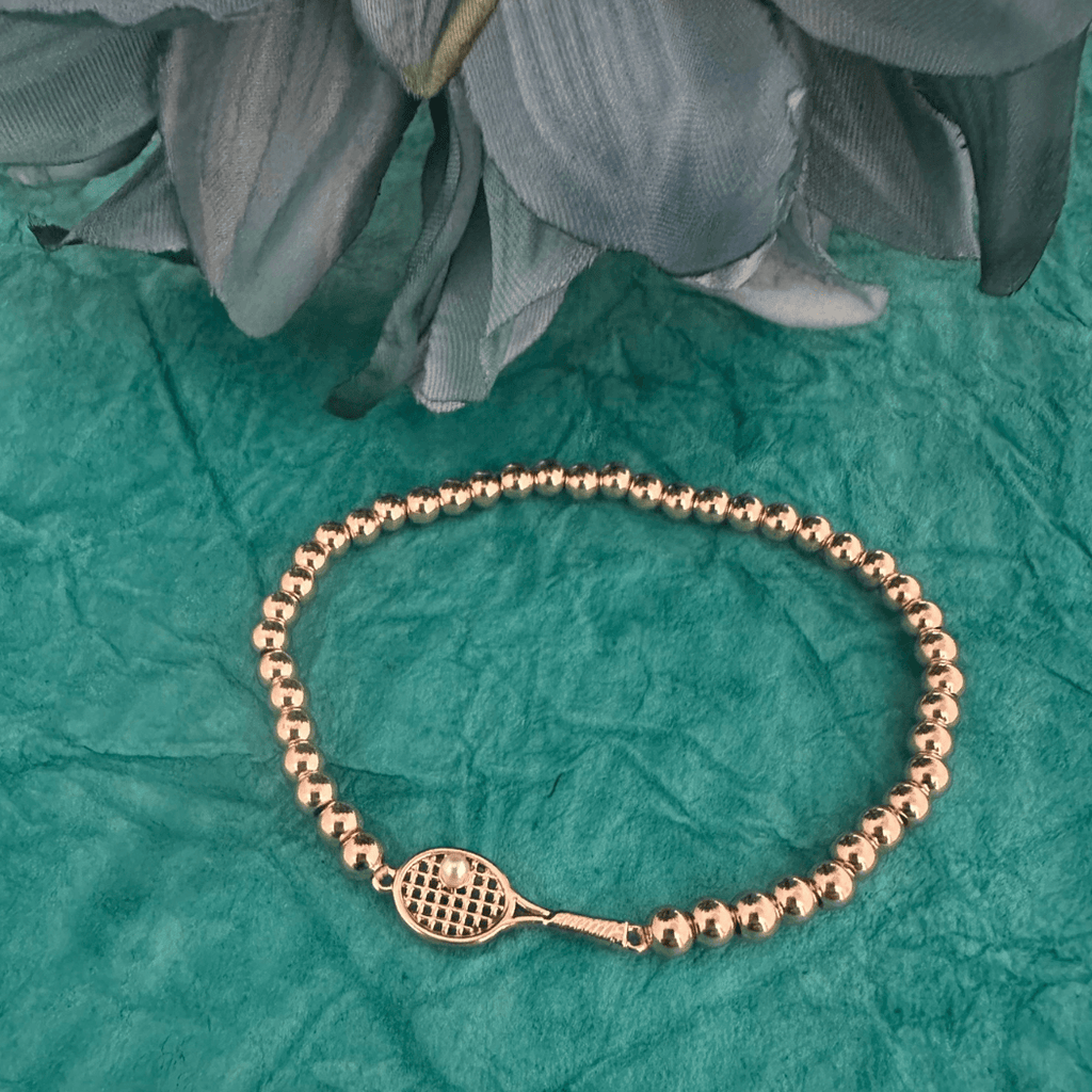 Gold Beaded Tennis Racket Bracelet - Pearl Charm - Born to Rally