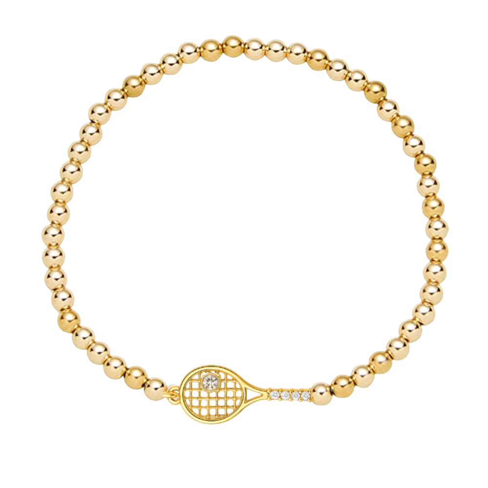 Gold Rhinestone Tennis Racket Beaded Bracelet | Born to Rally