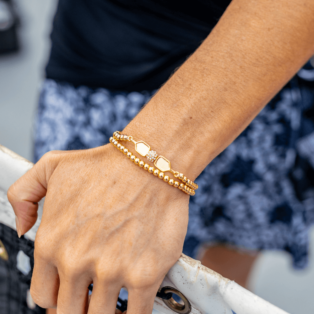 Gold Pickleball Beaded Stretch Bracelet - USA Made | Born to Rally