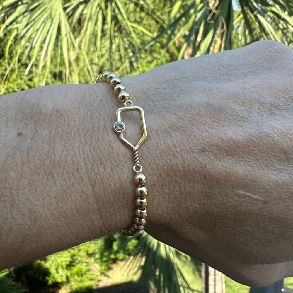Gold Pickleball Paddle Beaded Rhinestone Bracelet | Born to Rally