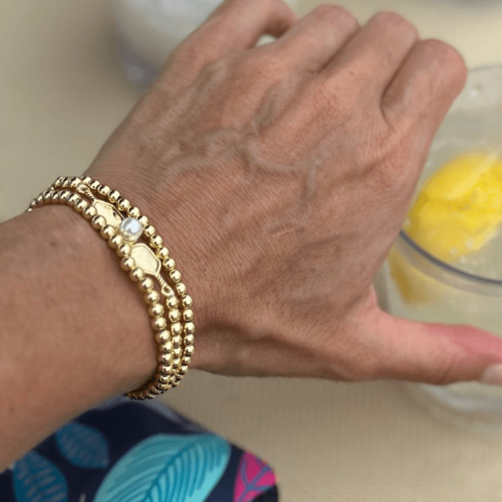 Gold Pearl Pickleball Beaded Stretch Bracelet | Born to Rally