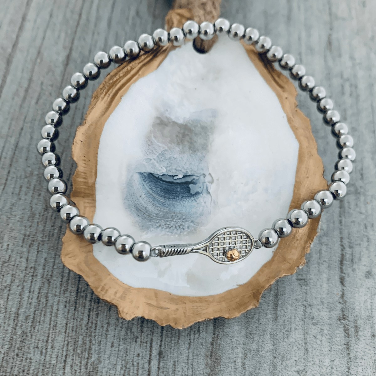 Beaded Tennis Bracelet with a Racket Charm - Silver | Born to Rally