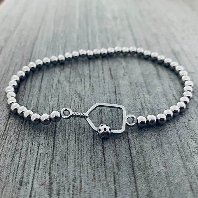 Pickleball Beaded Stretch Bracelet - Silver | Born to Rally